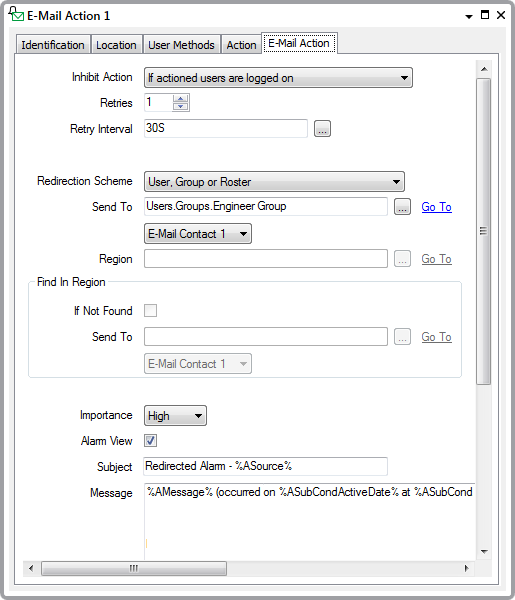 Alarm Redirection Guide - Define the E-Mail Action Details (Configure a Redirection Action)